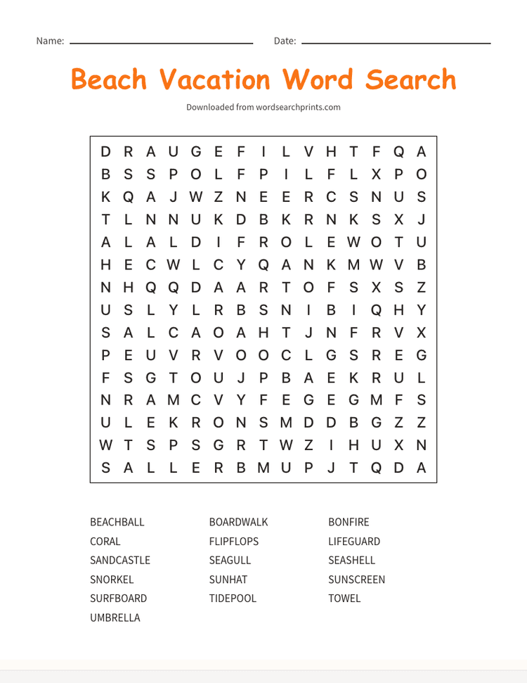 Vacation Word Search Puzzles | Word Search
