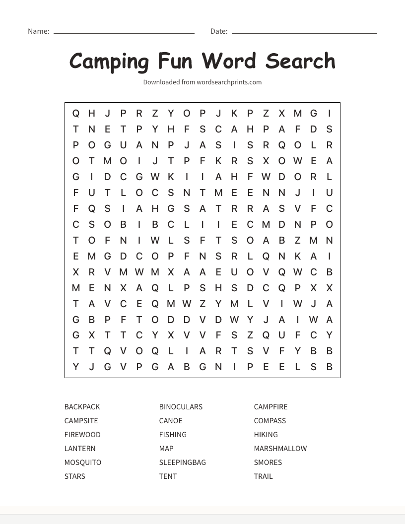 Camping Word Search Puzzles | Word Search