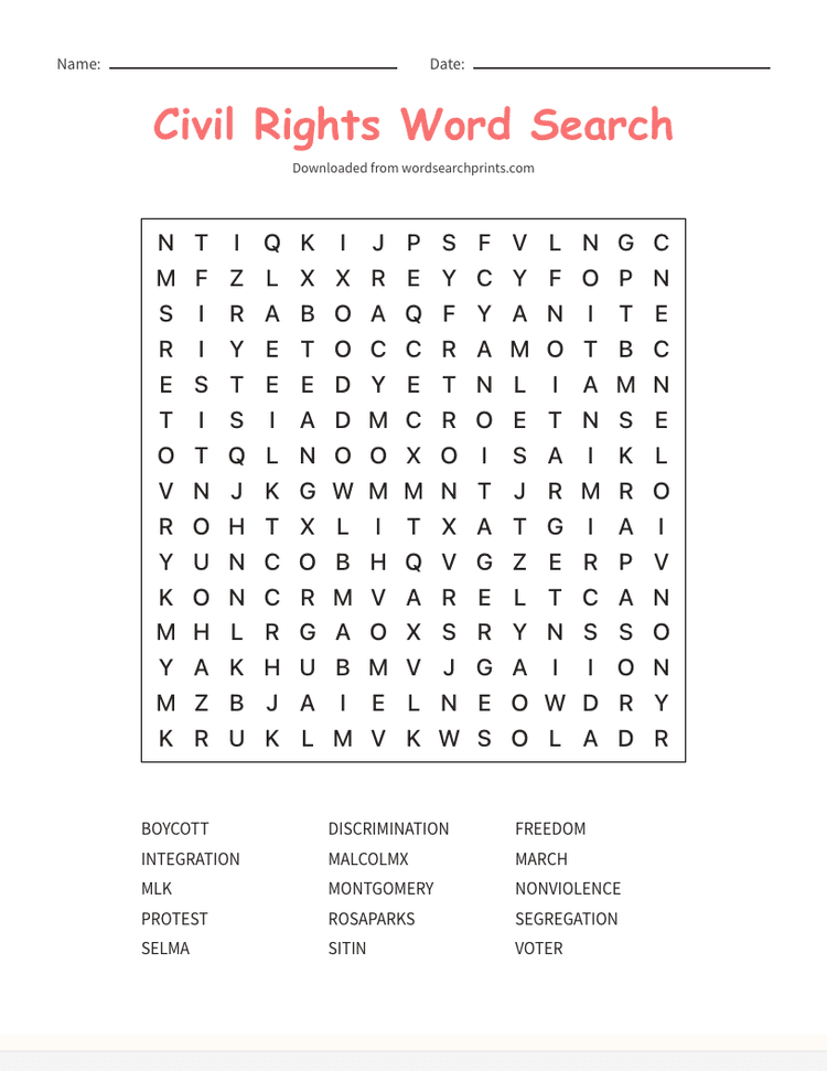 Civil Rights Word Search Puzzles | Word Search