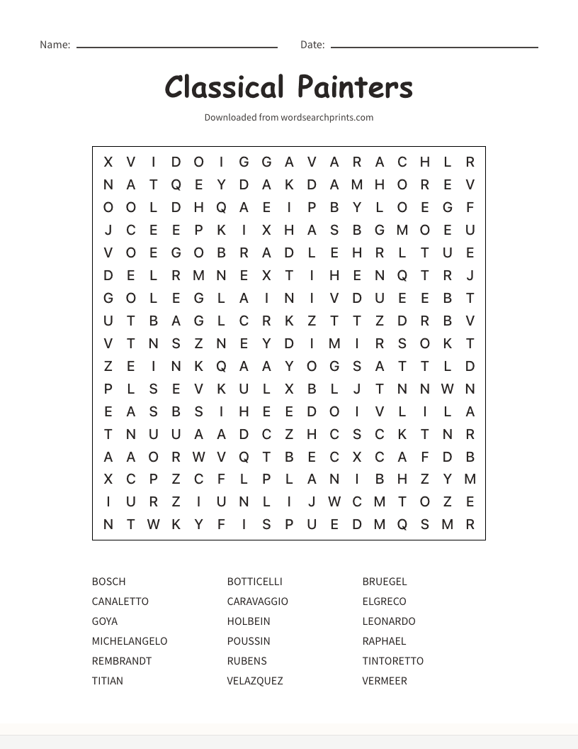 Artists Word Search Puzzles | Word Search