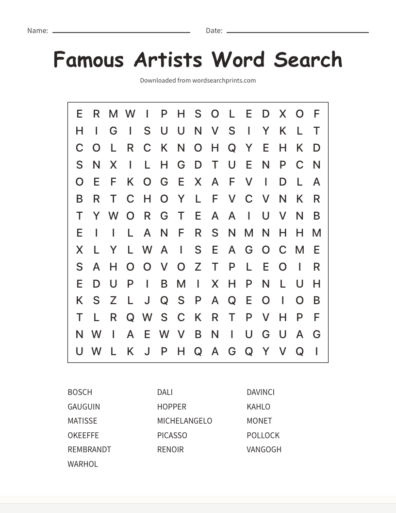 Artists Word Search Puzzles | Word Search