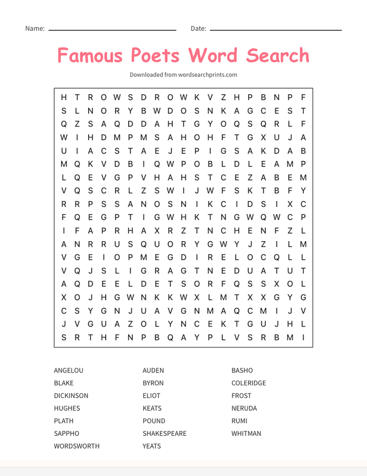 Poetry Word Search Puzzles | Word Search
