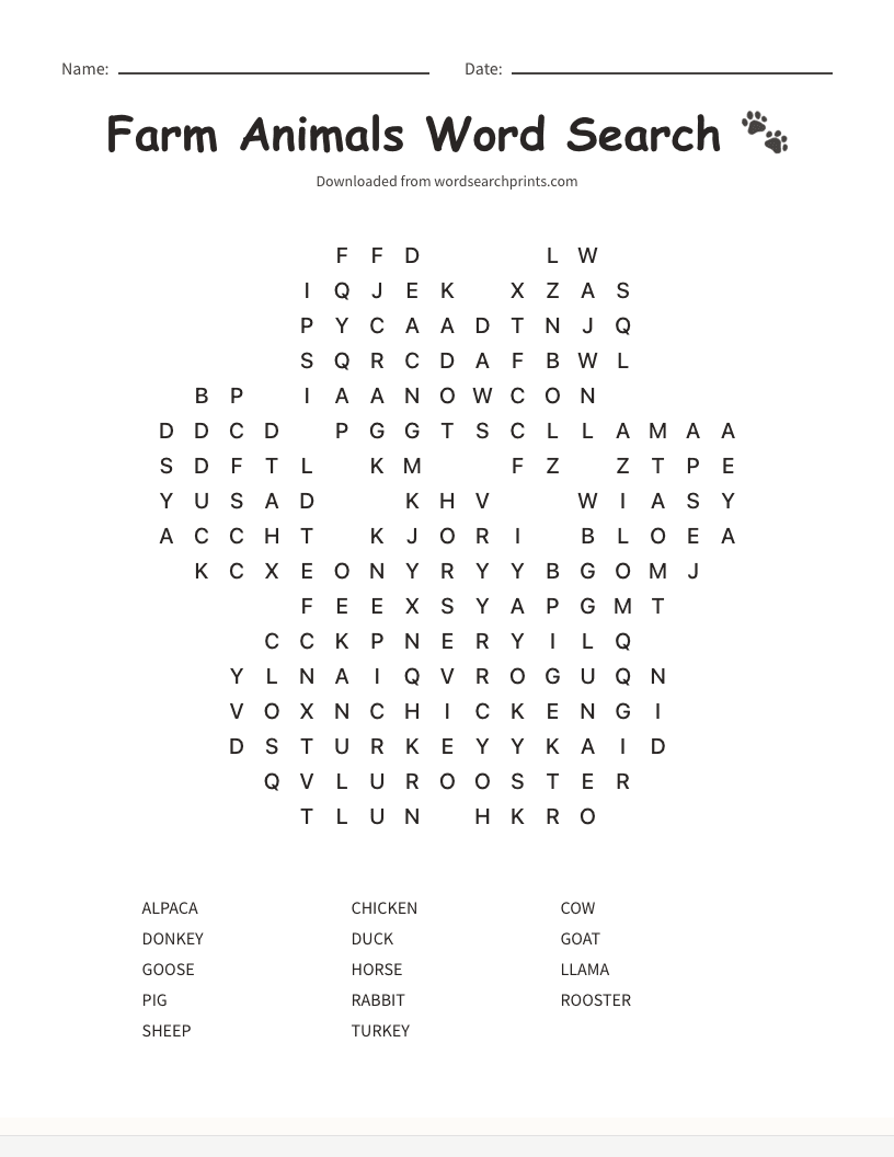 Farm Animals Word Search Puzzles | Word Search