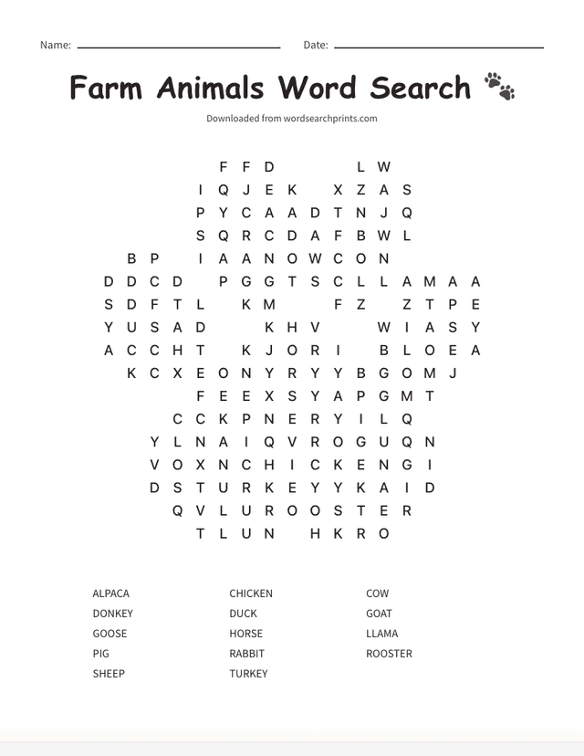 Farm Animals Word Search Puzzles | Word Search