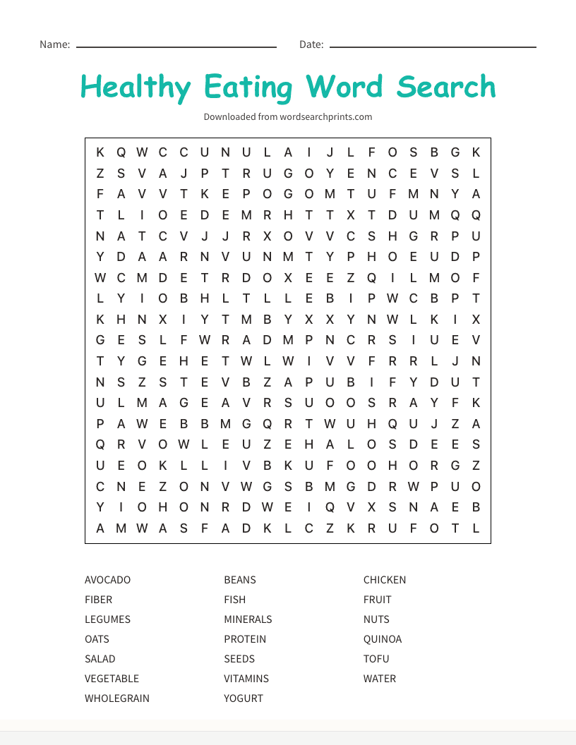 Healthy Eating Word Search Puzzles | Word Search