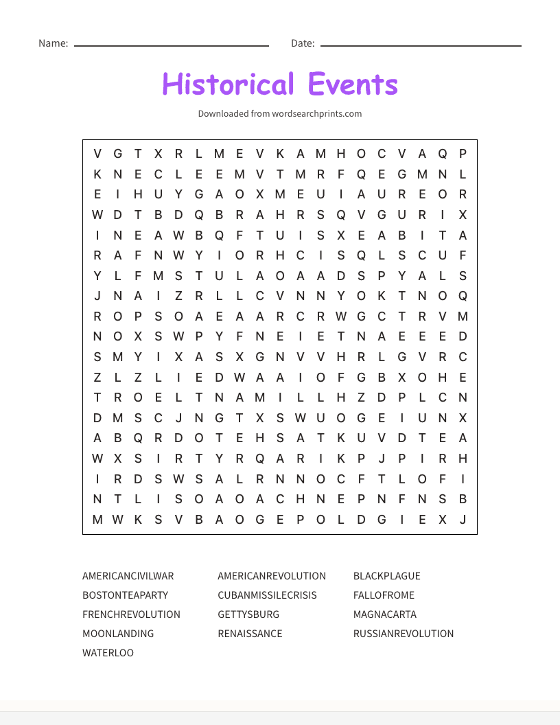 Historical Events Word Search Puzzles | Word Search