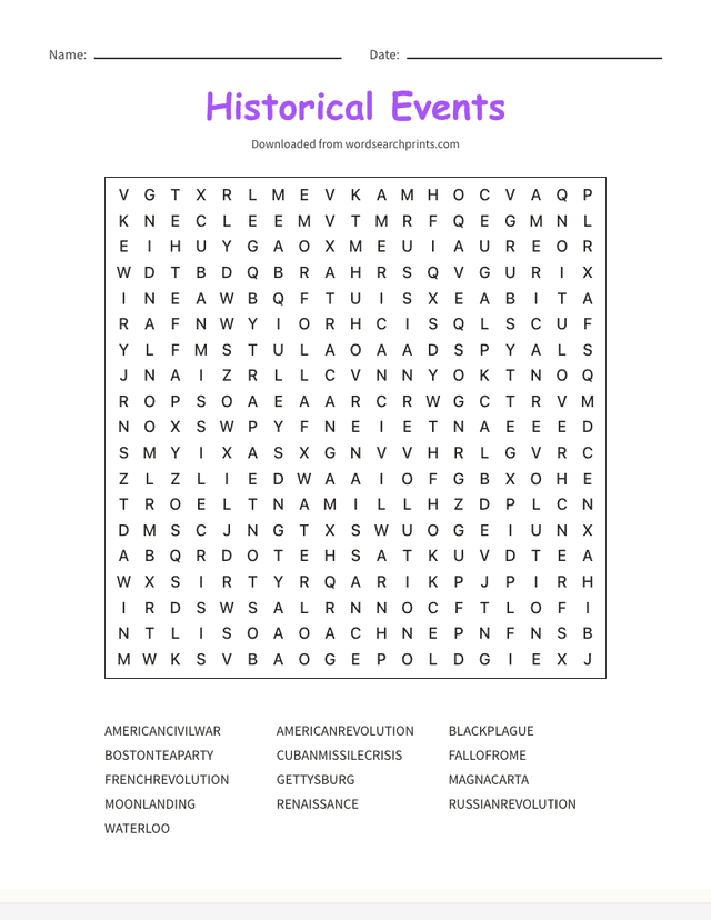Historical Events Word Search Puzzles | Word Search