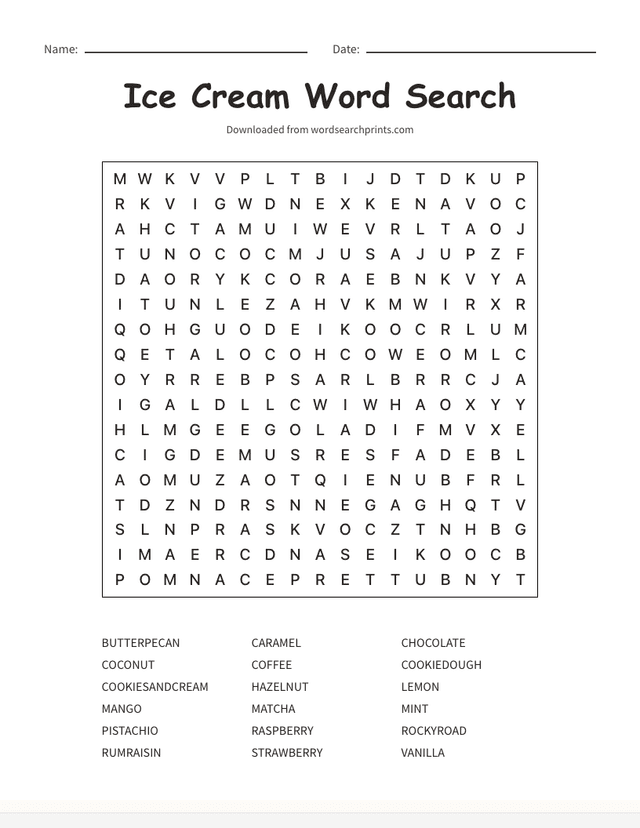 Ice Cream Word Search Puzzles | Word Search