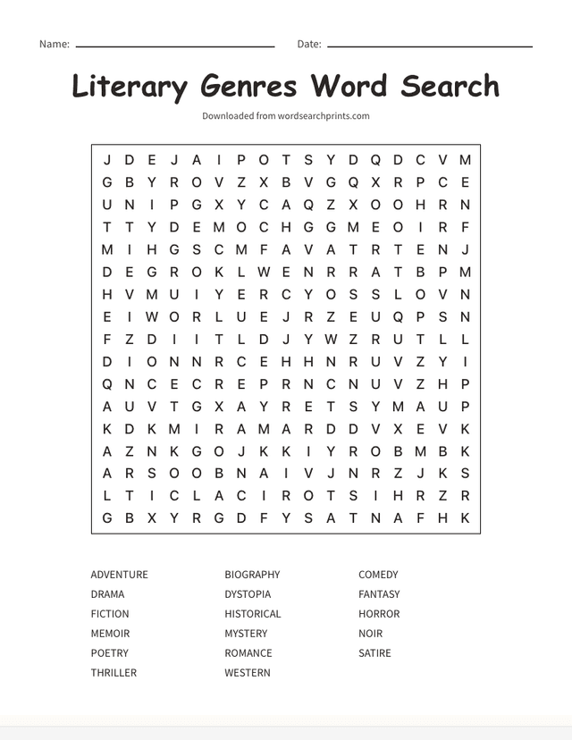Literary Genres Word Search Puzzles | Word Search