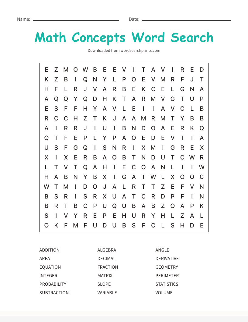 Algebra Word Search Puzzles | Word Search