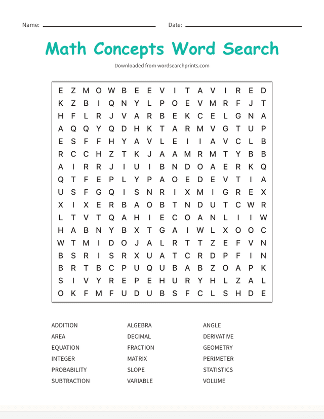 Mathematics Word Search Puzzles | Word Search