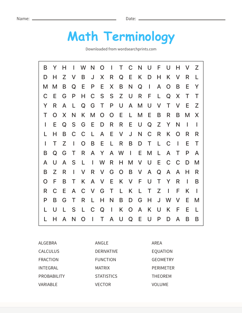 Algebra Word Search Puzzles | Word Search
