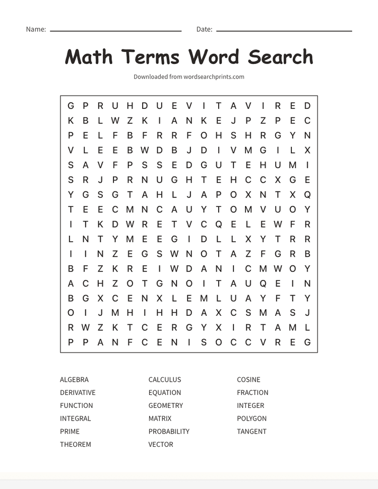 Algebra Word Search Puzzles | Word Search