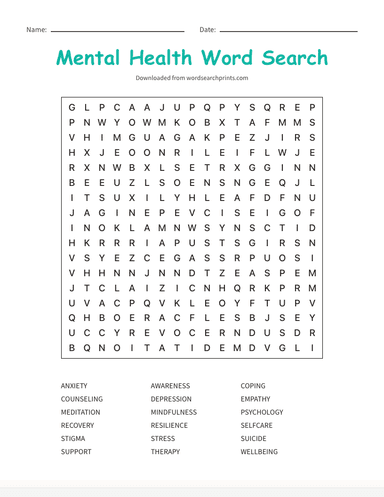 Mental Health Word Search Puzzles | Word Search