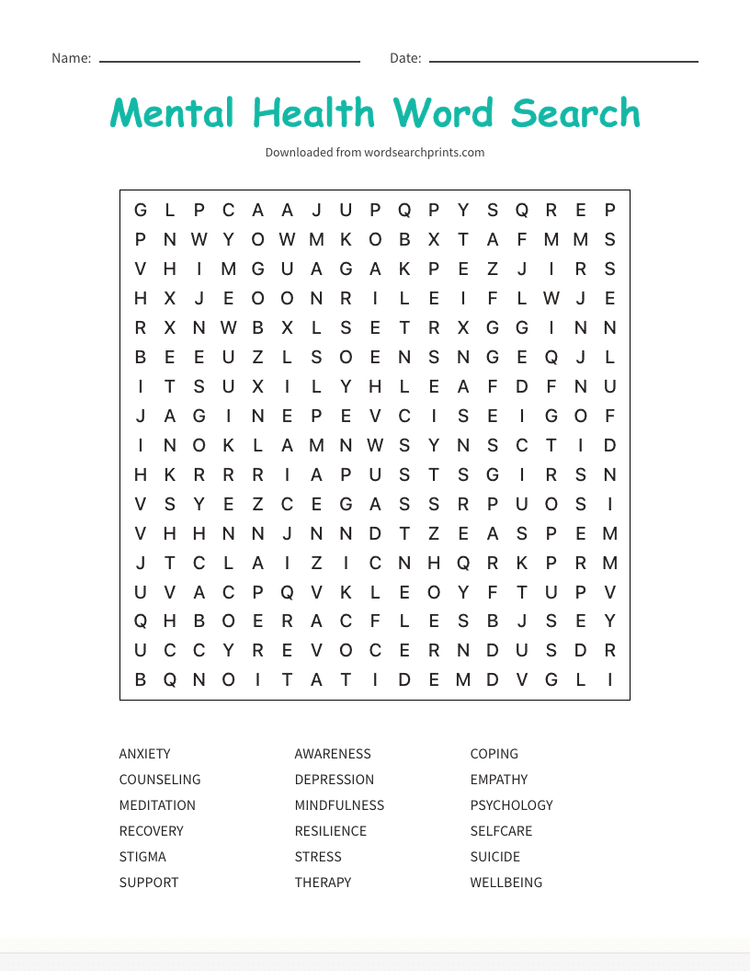Mental Health Word Search Puzzles | Word Search