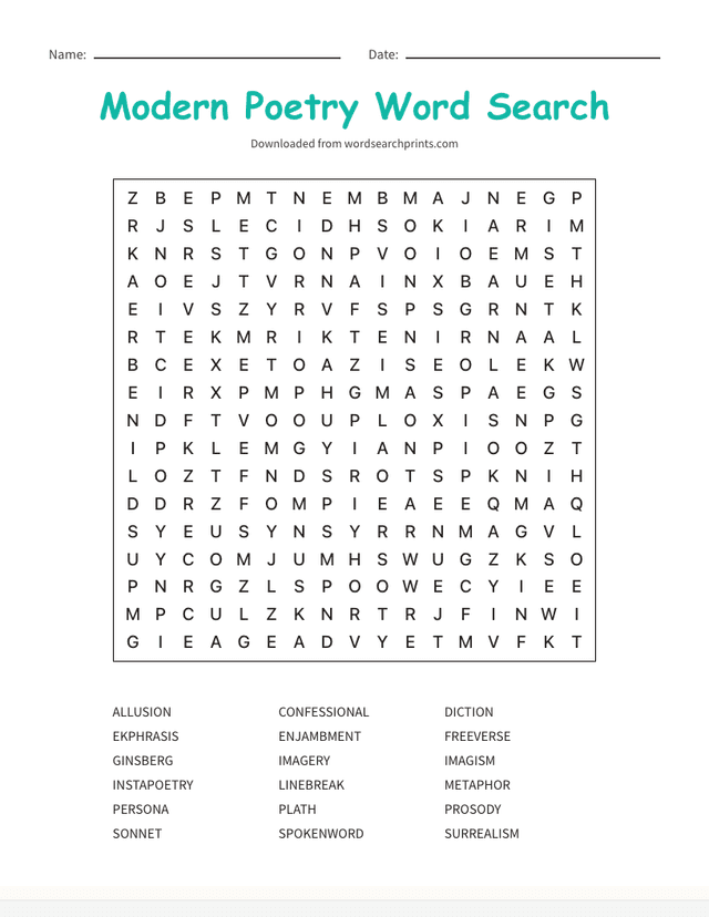 Poetry Word Search Puzzles | Word Search