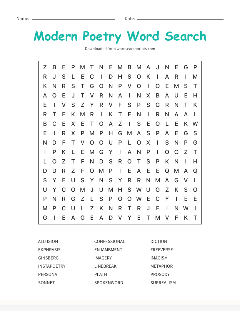 Poetry Word Search Puzzles | Word Search