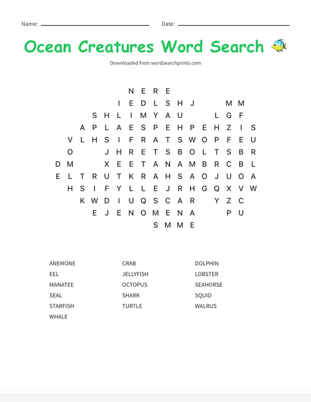 Sea Life Word Search Puzzles | Word Search
