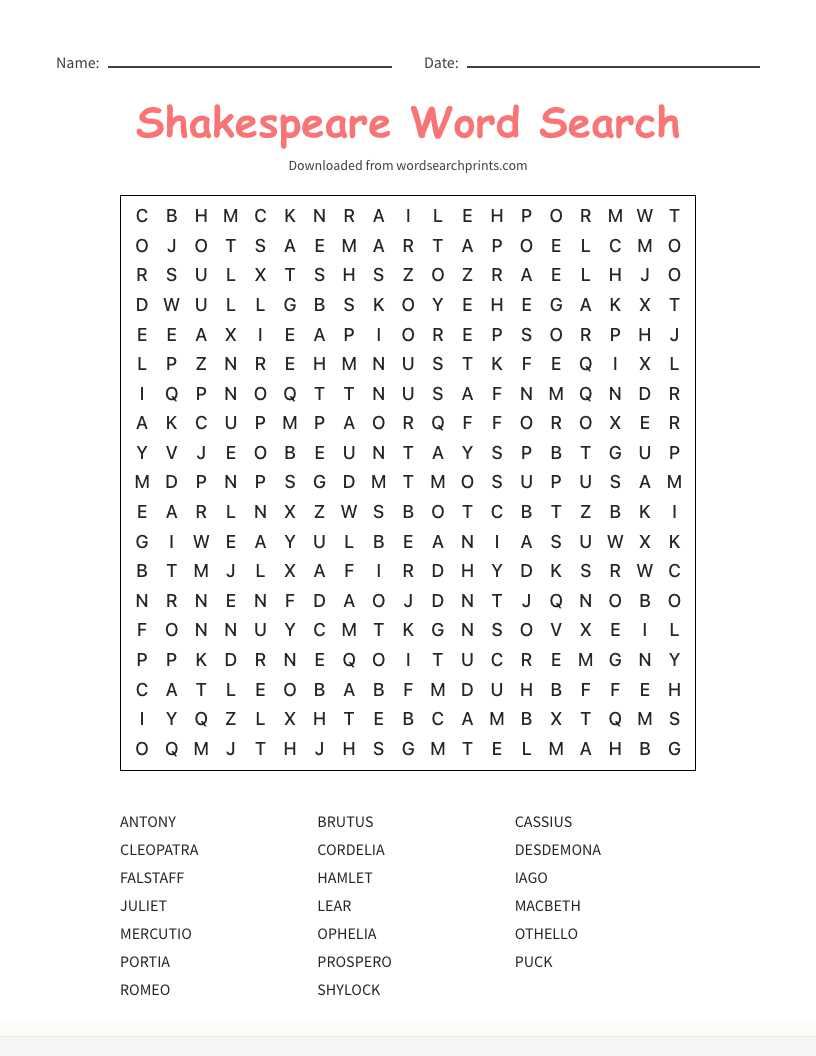 Shakespeare Word Search Puzzles | Word Search