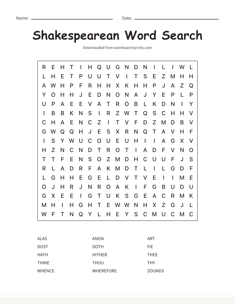 Shakespeare Word Search Puzzles | Word Search