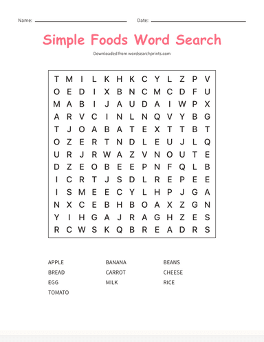 Healthy Eating Word Search Puzzles | Word Search