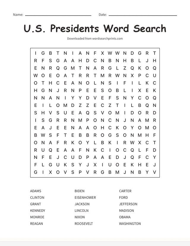 US Presidents Word Search Puzzles | Word Search