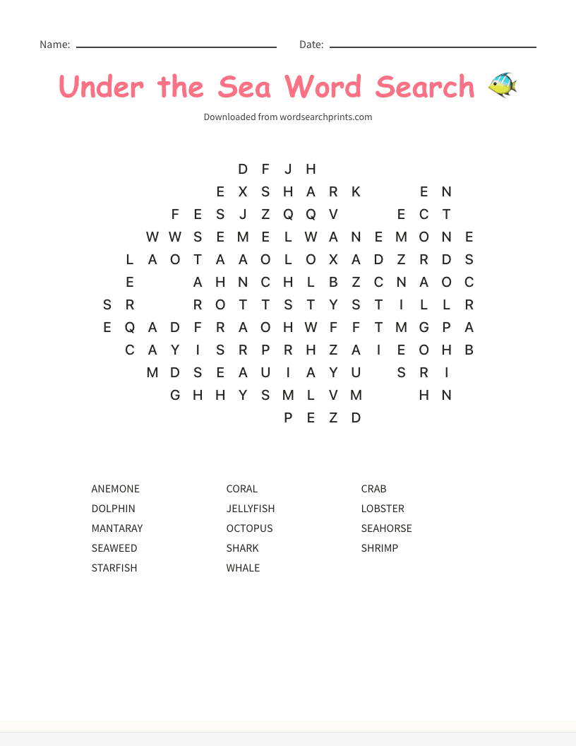 Sea Creatures Word Search Puzzles | Word Search