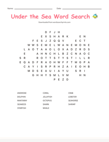 Sea Life Word Search Puzzles | Word Search