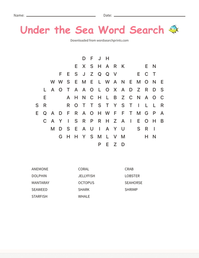 Sea Life Word Search Puzzles | Word Search
