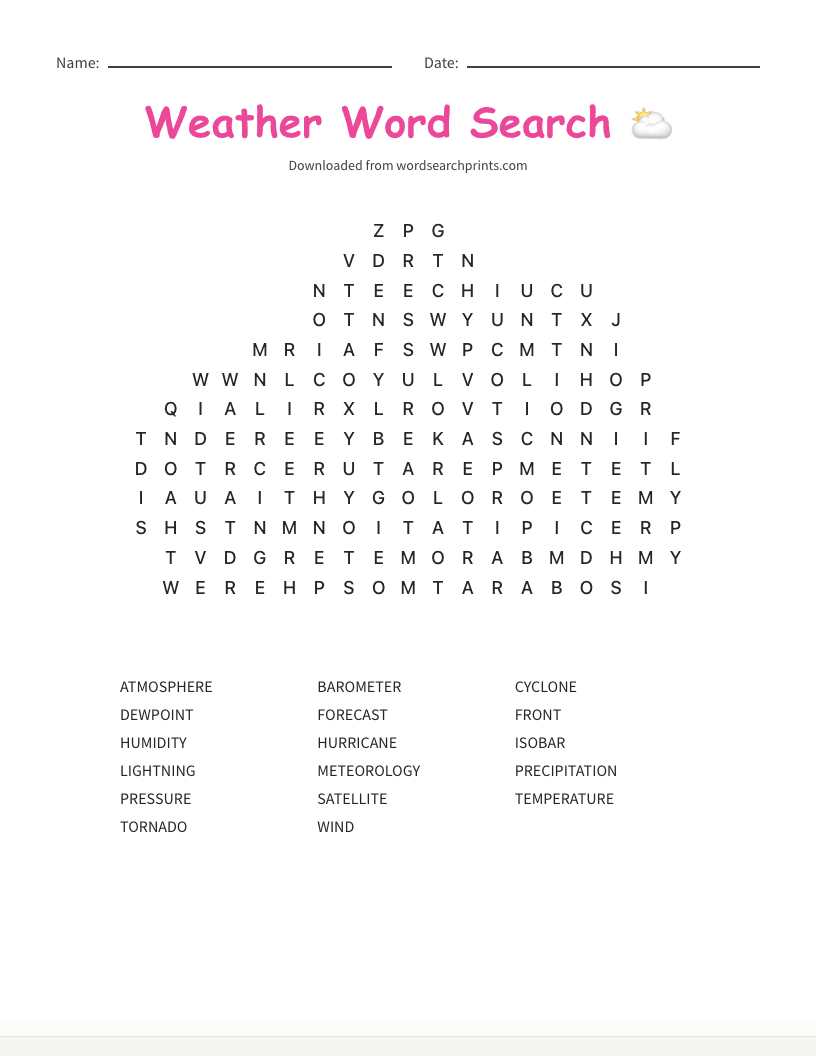 Weather Word Search Puzzles | Word Search