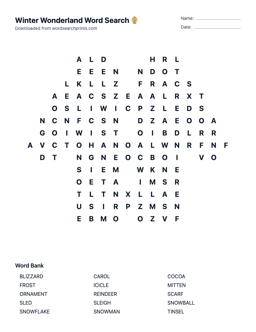 Snow Word Search Puzzles | Word Search